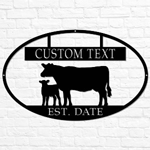 Cow Oval Farm Sign | Custom Metal Ranch Name Sign | Cow and Calf Outdoor Sign | Dairy Farm Sign | Cow Decor Wall Art | Farm Gift Barn Decor