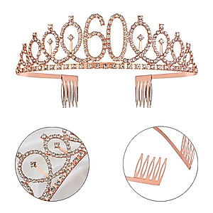 Ceqiny 60th Birthday Sash Tiara and Crowns for Girls, Birthday Queen Rose Gold Tiara, Princess Tiara Rhinestone Headbands with Combs Bridal Wedding Tiaras for Wedding Prom Bridal Party Christmas