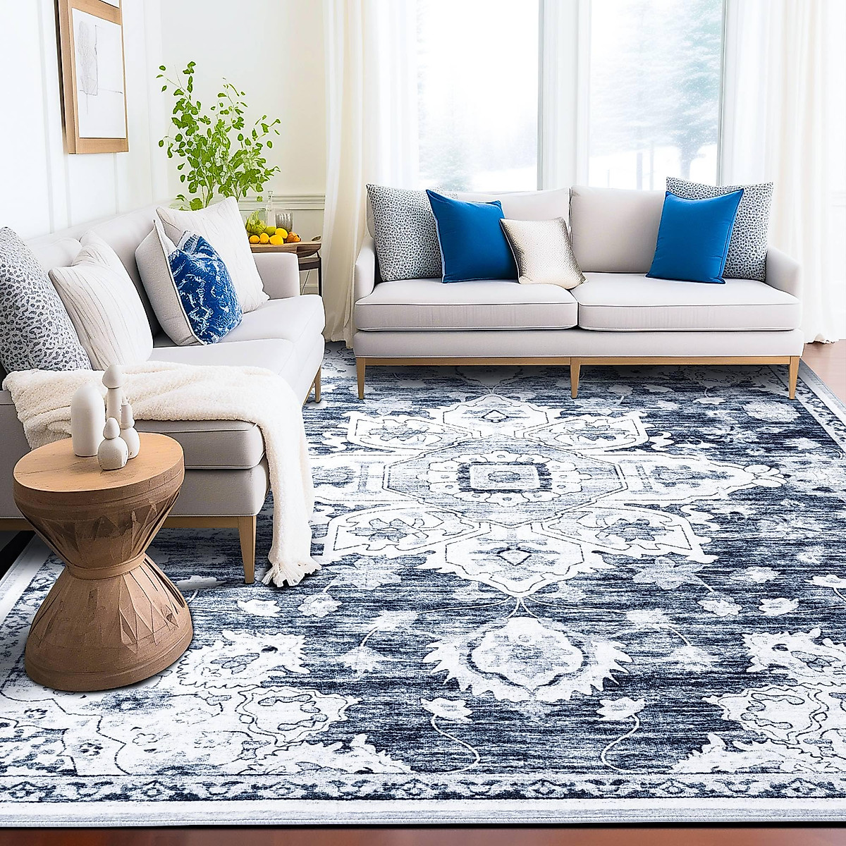 Shilucheng Area Rugs 9x12,Area Rug for Living Room,Machine Washable Area Rugs with Non Slip,Soft Low Pile Area Rug,Large Rugs Clearance (Grey/Blue)