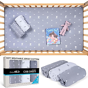 Fitted Unisex Crib Sheets (3 Pack) by GROW WILD - Jersey Knit Cotton Crib Sheets for Boys or Girls, 52” x 28” x 9” Crib Bedding Set (Woodland Gray and White)