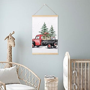 Magnetic Poster Hanger Frame, Red Truck Light Wooden Magnet Frame Hanger for Posters, Prints, Photos, Pictures, Maps, Scrolls, And Canvas Artwork, Christmas Decoration Wall Hanging Kit