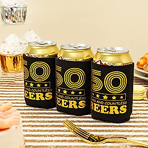 Crisky 50th Birthday Can Cooler Happy 50th Birthday Decorations for Men, Can Coolies Beverage Sleeve for 50 Year Old Birthday Gift Ideas Birthday Party Favors for Him, 12 Pack, Black & Gold