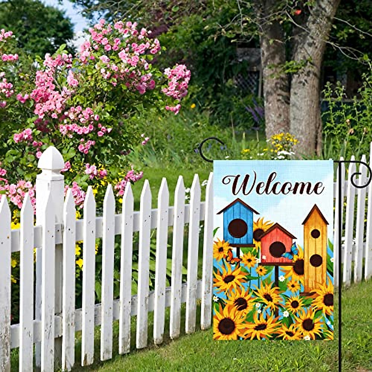 Heyfibro Welcome Spring Garden Flag Double Sided with Sunflower Pattern 12 x 18 Inch Burlap Yard Flag Welcome Garden Banner for Outside