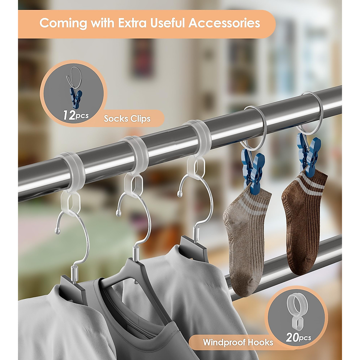 KitchLife Upgraded Clothes Drying Rack with Wheels, No Assembly Required, 63 Inches, Super Heavy Duty 201 Stainless Steel, Adjustable Foldable Laundry Drying Rack