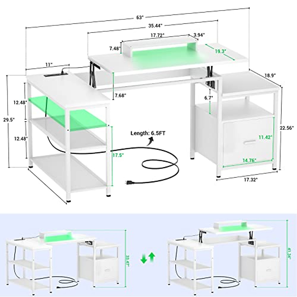 Aheaplus L Shaped Desk with Power Outlet, Standing Home Office Desk with Lift Top and File Drawer, 63'' Corner Computer Desk with Monitor Stand&Printer Shelves, Gaming Desk with Led Lights, White