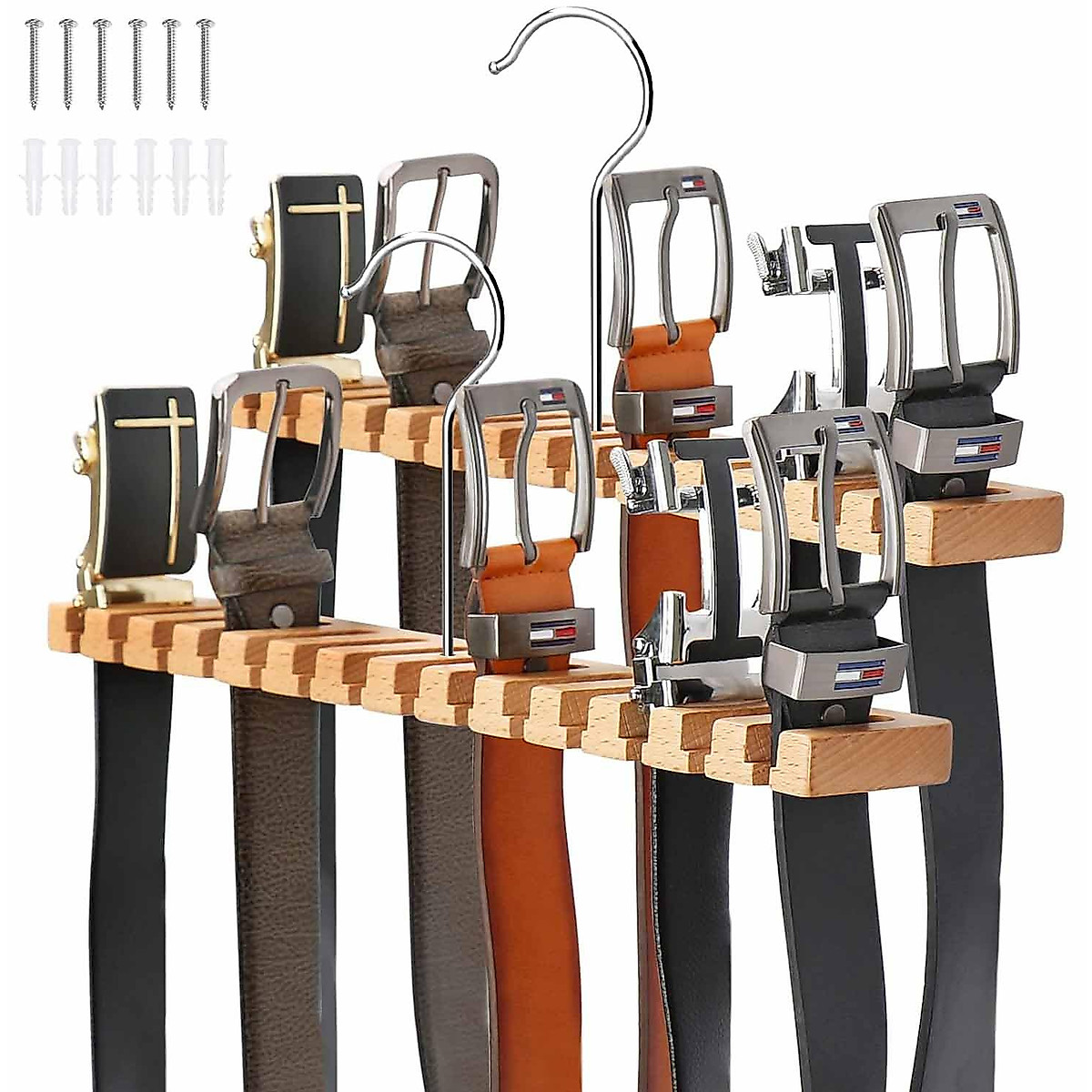 Belt Hanger for Closet, 2 in 1 Wooden Wall Mount 14 Belt Organizer w/Through-The-Wall Nails, Belt Rack w/ 360° Swivel Hook, Tie and Belt Organizer Display for Closet, Door, Wall, 1 Pack, Natrual