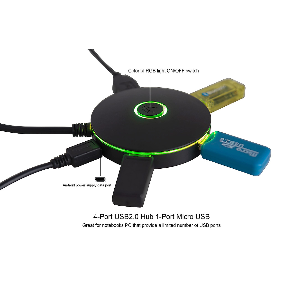 Wabao UFO HUB 5-Port USB2.0 1-Micro USB Hub 7 Color Breathing Power Supply lamp, Independent Switch