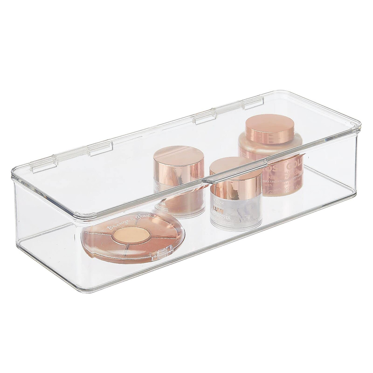 mDesign Long Plastic Cosmetic Storage Organizer Box Containers with Hinged Lid for Bedroom, Bathroom, and Vanity Shelf or Cabinet, Holds Masks, Palettes, Lotion, Astringents, or Nail Polish - Clear