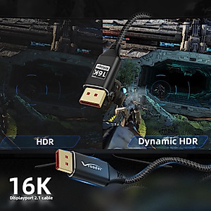 VROODER DisplayPort Cable 2.1, 6.6FT 16K DP 2.0 Cable, UHD DisplayPort Cable for 80Gbps, [16K@60Hz, 8K@120Hz, 4K@240Hz 165Hz 144Hz] HDR, HDCP DSC 1.2a, Displayport Cable,DP Cable for 16K