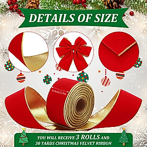 3 Rolls 30 Yards Christmas Red Velvet Ribbon with Gold Edge 2.5 Inch Wide Wired Ribbon Outdoor Ribbon Holiday Decorative Ribbon Fabric Ribbons for Xmas Tree Bow Wreath Making Gift Wrapping Craft