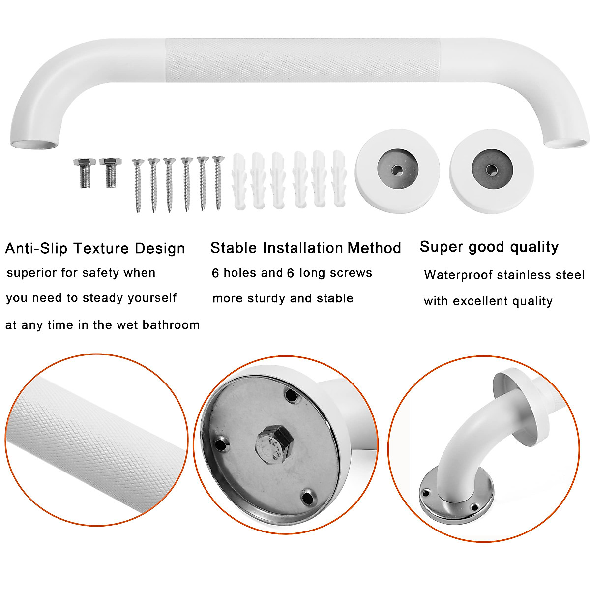 Rackickyer Shower Grab Bar, 2 Pack 12 Inch White Bathroom Grab Bar, 1.25" Diameter 304 Stainless Steel Anti-Slip Grab Bars for Bathtubs and Showers, Handicap Shower Grab Bar for Seniors Elderly