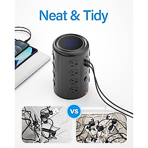 Power Strip Tower with 16 Outlets and 5 USB Ports (2 USB-C), TenTrend 1875W 1500J Surge Protector with 6 FT Extention Cord, Multi Outlet Tower for Home Office Desk, Dorm Room Essentials Black