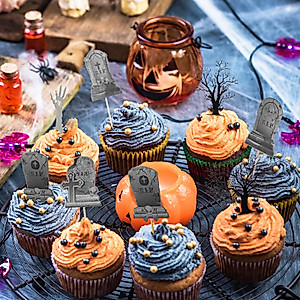 Whaline 37Pcs Halloween Cupcake Toppers Zombie Hand Tombstone Graveyard Cake Toppers Scary Halloween Toothpick Flags Table Centerpiece for Halloween Birthday Party Supplies Dessert Decorations