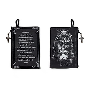 Catholic Rosary Pouch, Shroud of Turin & the Lord's Prayer, 4" x 6" Jewelry & Coin Purse with Cross, Small Woven Tapestry Icon Bag, Bolsa de Rosario Católico para Joyería