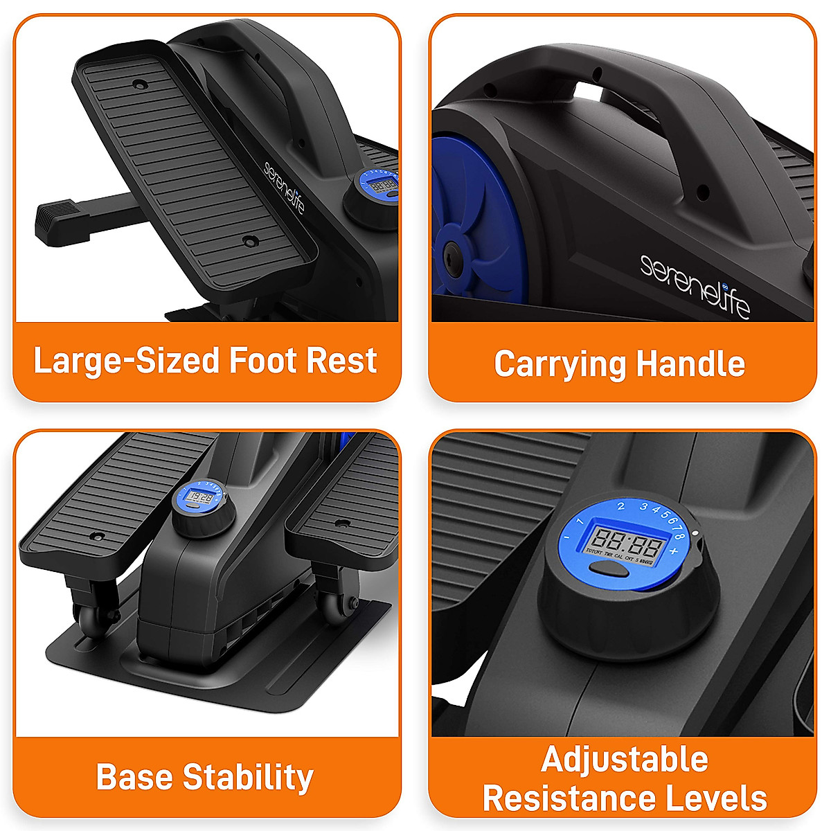 SereneLife Compact Ergonomic Seated Under Desk Exercise Elliptical Machine Mini Exerciser with 8 Resistance Level, Resistance Band LCD Monitor Home Office Leg Exercise Equipment for Seniors Adults