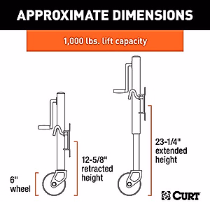 CURT 28100 Marine Boat Trailer Jack with 6-Inch Wheel, 1,000 lbs. 10-1/2 Inches Vertical Travel, Silver