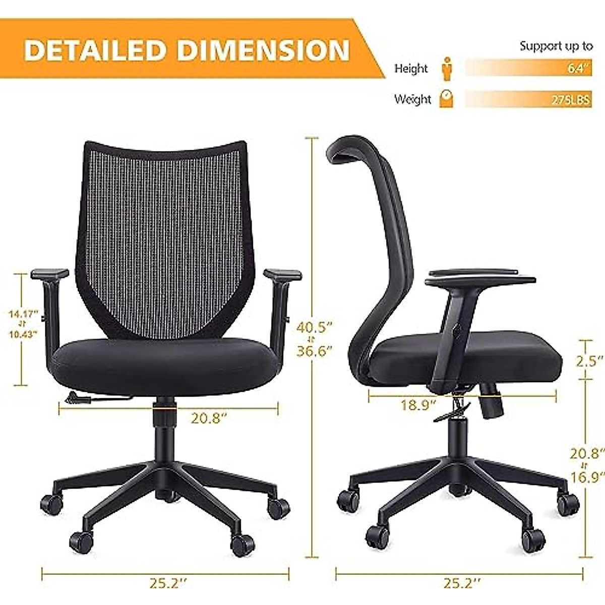 ETasker Ergonomic Office Chair Home: Mesh Desk Chair with Adjustable Arms - Mid Back Computer Chairs for Women Adults - Swivel Task Chair Comfortable for Home Office (Black)