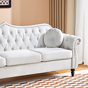 3 Seater Chesterfield Sofa Velvet for Living Room, Modern Tufted Velvet Couch 3 Seater with Scroll Arms and Nailhead, Chesterfield Velvet Sofa, Roll Arm Classic Chesterfield Settee Couches (White)