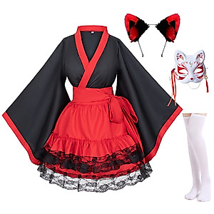 Elibelle Japanese anime red and Black kimono fox cosplay costume Furry Fox Ear with socks L