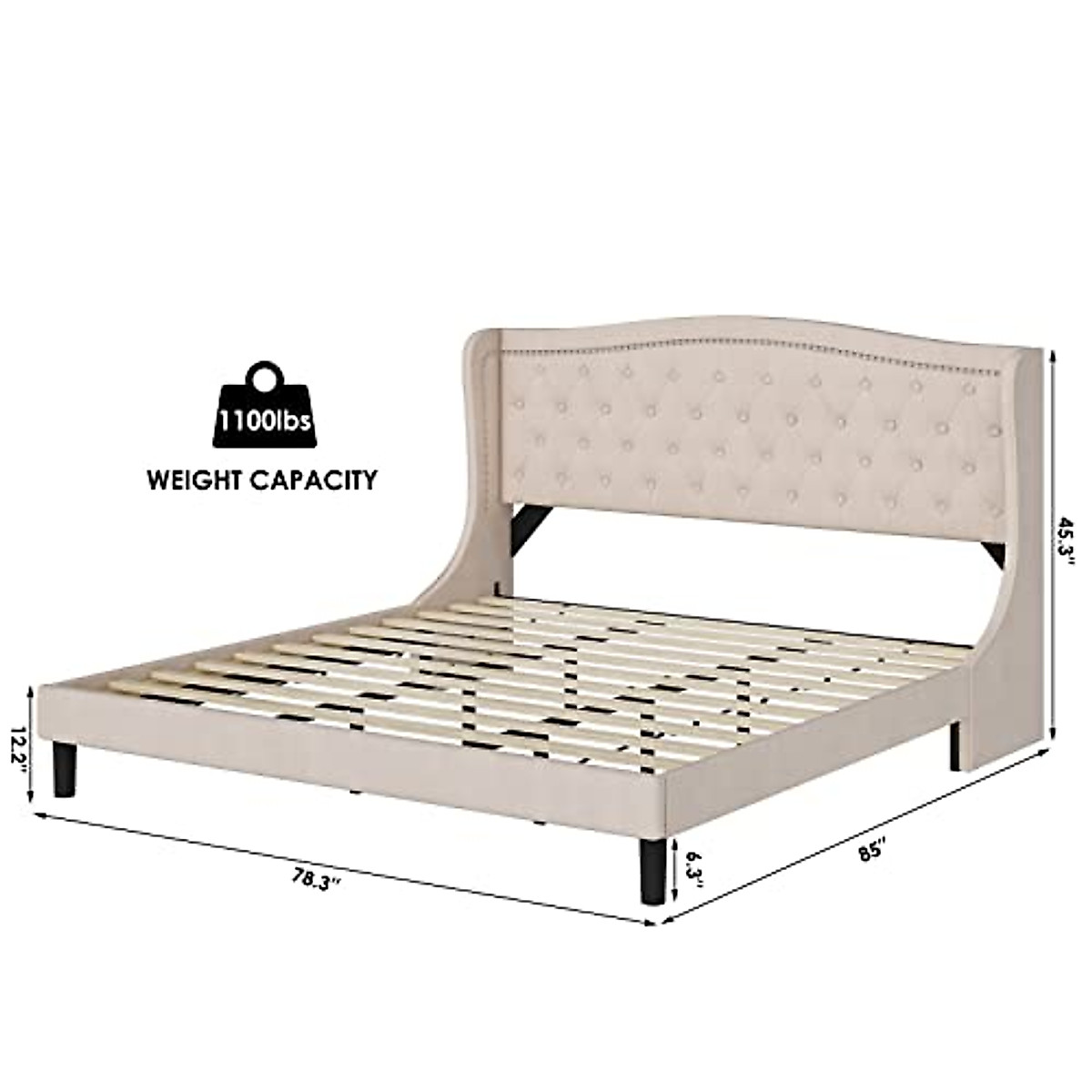 HOSTACK King Size Bed Frame, Modern Upholstered Platform Bed with Wingback Headboard, Heavy Duty Button Tufted Bed Frame with Wood Slat Support, Easy Assembly, No Box Spring Needed(Beige, King)