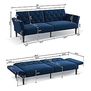 HONBAY Convertible Sofa Bed Velvet Sleeper Couch with Adjustable Armrests Tufted Futon for Living Room and Bedroom, Blue