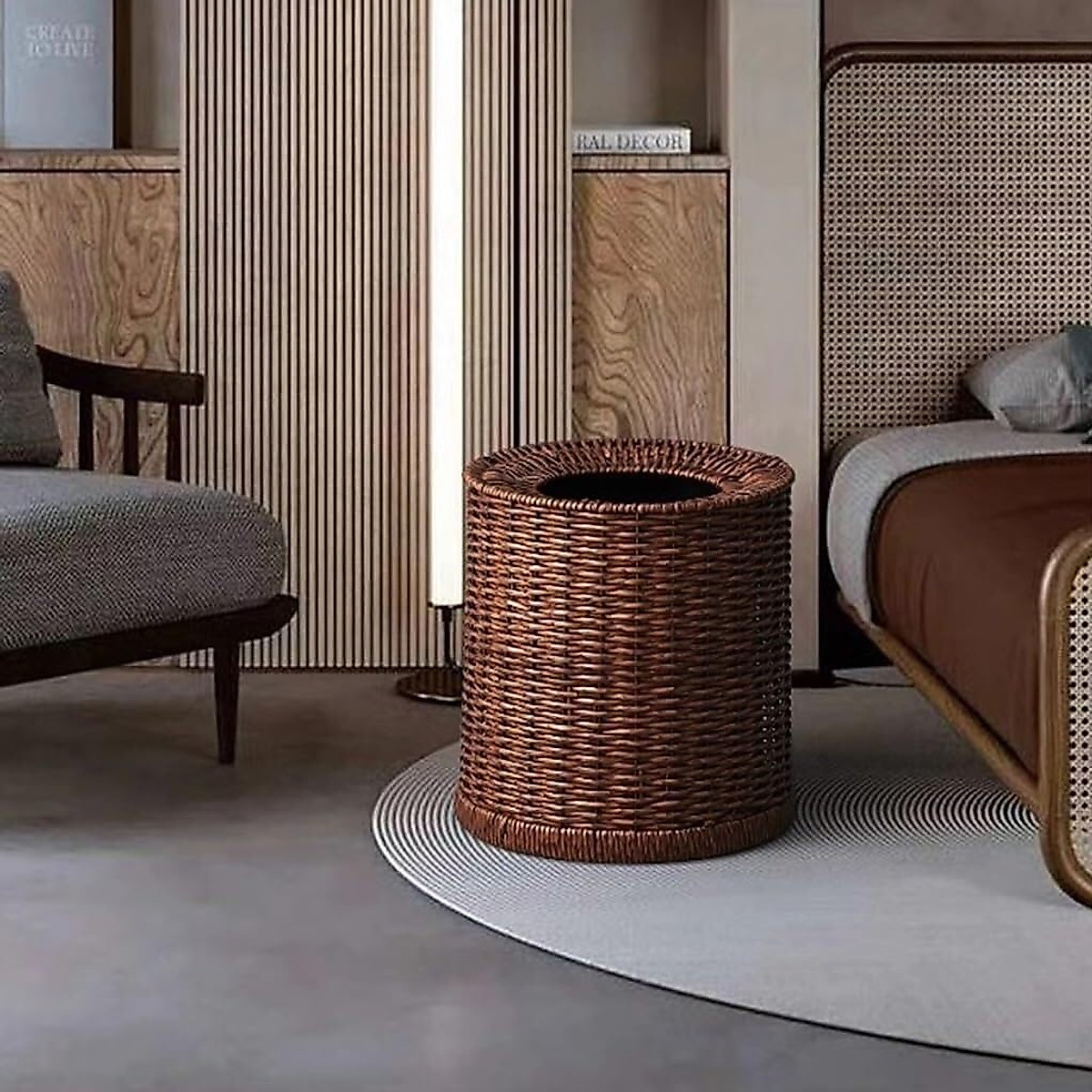 Generic Round Wicker Waste Paper Bin and Basket with Removable Plastic Liner, Drop-in Oval Wicker Waste Basket, Round Organizer Holder for Bathroom, Kitchen, Bedroom, Home, Office (Size : 12L)(8L)