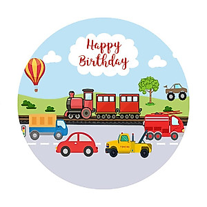 AWERT Polyester Diameter 7.5ft Round Boy Transportation Theme Backdrop for Happy Birthday Party Cartoon Train Truck Car Photography Background Kids Bday Party Decoration Banner