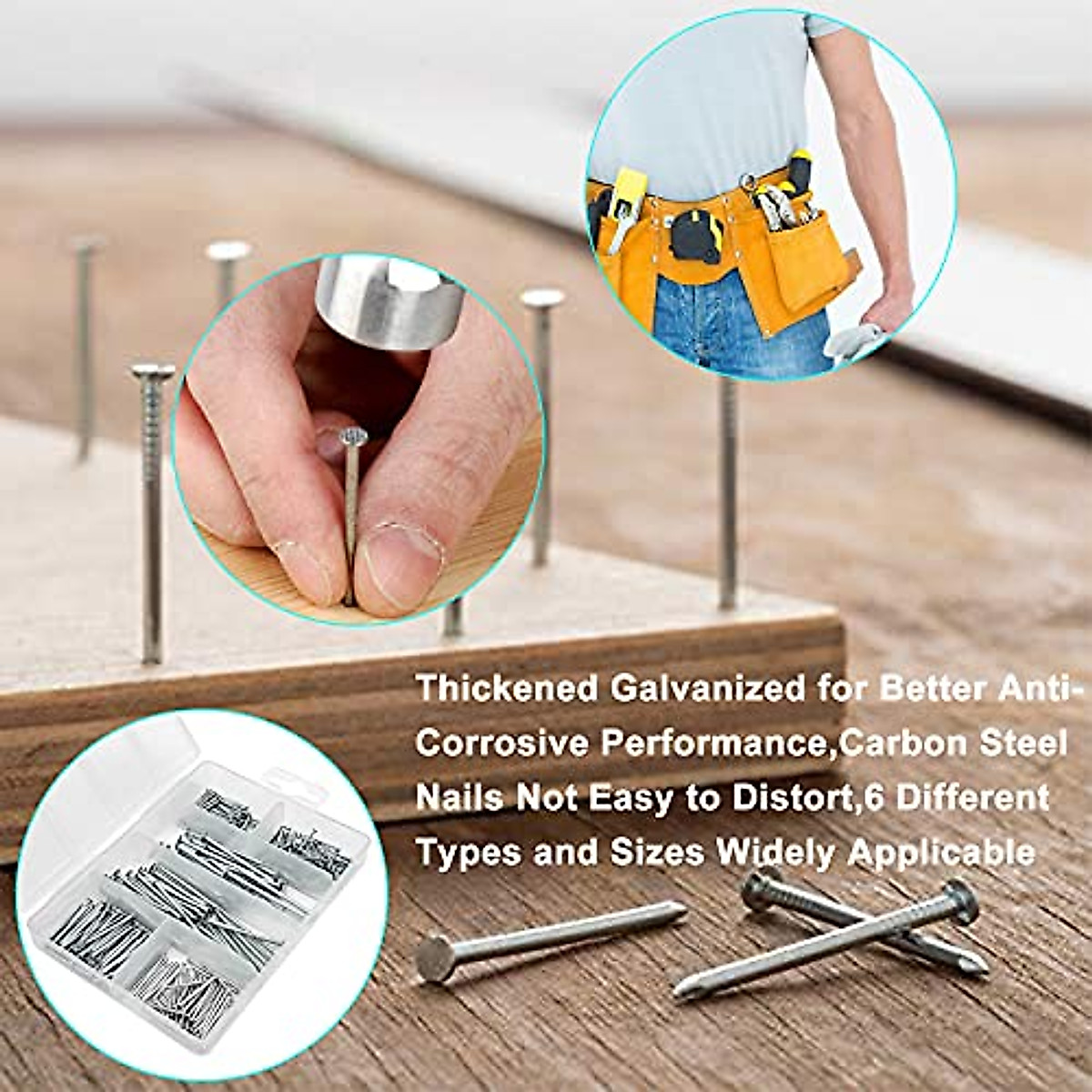 376pcs Hardware Nails Assortment Kit and 8oz Small Claw Hammer,Mini Hammer with Anti-Slip Handle,Nails for Hanging Pictures,Maximum Length 2 Inches Nails,Finishing Nails for Household and DIY