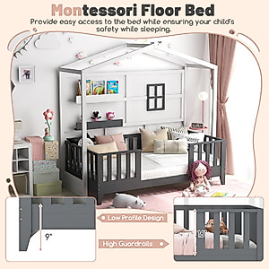 GOFLAME Twin Size House Bed for Kids, Montessori Floor Bed with Roof, 2 Storage Shelves, Rails and Window, Wooden Slatted Playhouse Bed Frame for Boys, Girls, No Box Spring Needed