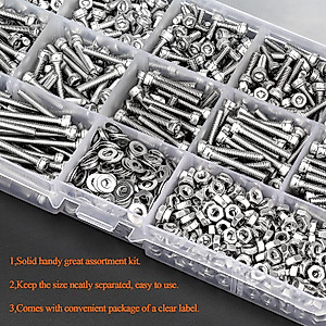 HELIFOUNER 1280 Pieces M3 x 4mm /6mm /8mm /10mm /12mm /14mm /16mm /18mm /20mm /25mm / 30mm, Hex Socket Head Cap Metric Screws Bolts Washers Nuts Kit, 304 Stainless Steel