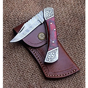 Nesmo-511 Damascus Steel Pocket Knife for Men - Handmade Folding Hunting Knives with Leather Pouch - Best Knife for Camping Hunting Hiking (Red Pakka Wood Handle)