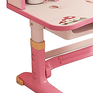 Kids Desk and Chair Set, Height Adjustable Kids Study Desk with Cartoon Pattern, Widened Tabletop, Tilting Book Stand Drawer, Golden Distance Design to Prevent Myopia, for Boys and Girls (1, Pink-B)