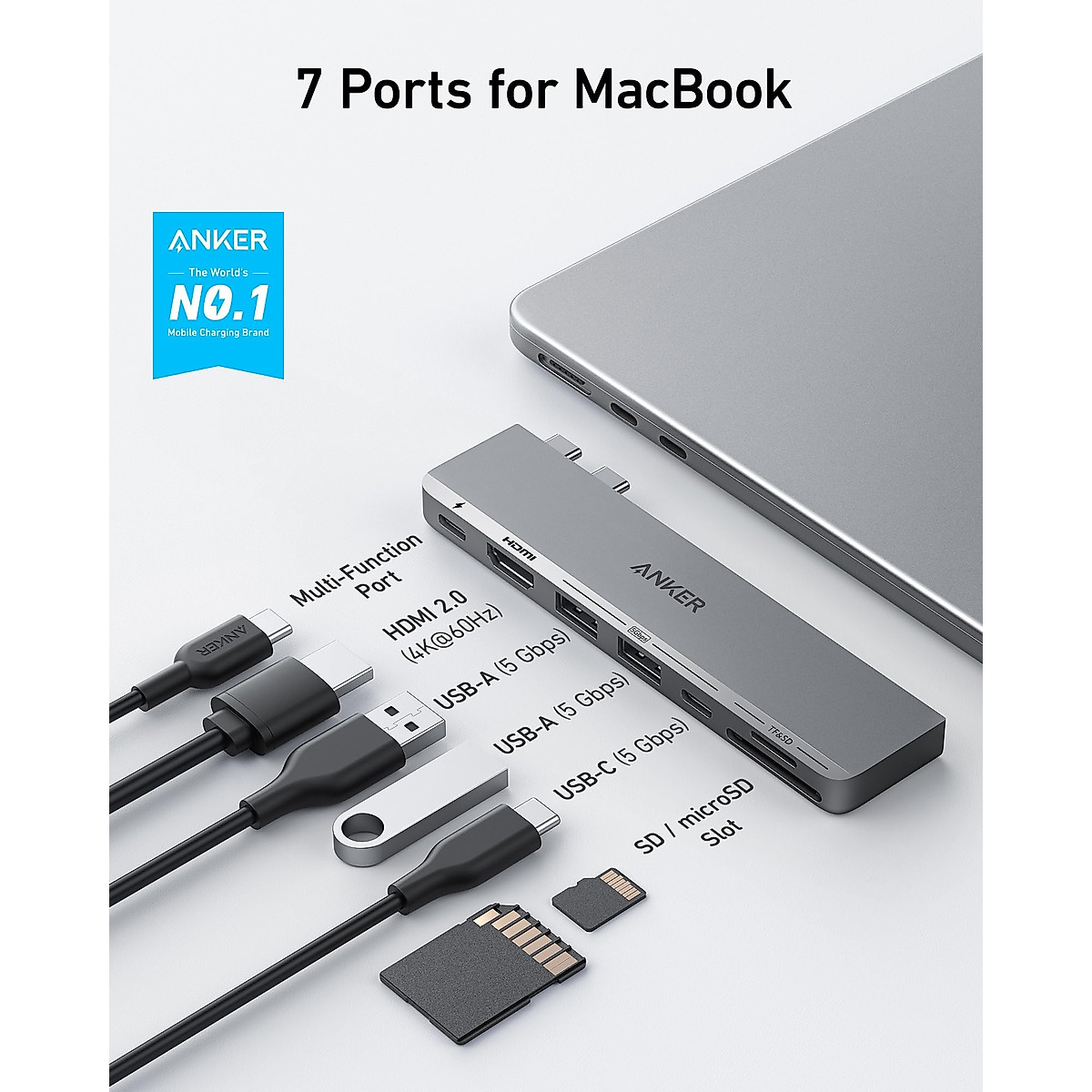 Anker USB C Hub for MacBook, Anker 547 USB-C Hub (7-in-2), Compatible with Thunderbolt 4 USB C Port, 4K HDMI, USB C and 2 USB A Data Ports for MacBook Pro 13 Inch, MacBook Air M1 / M2, and More