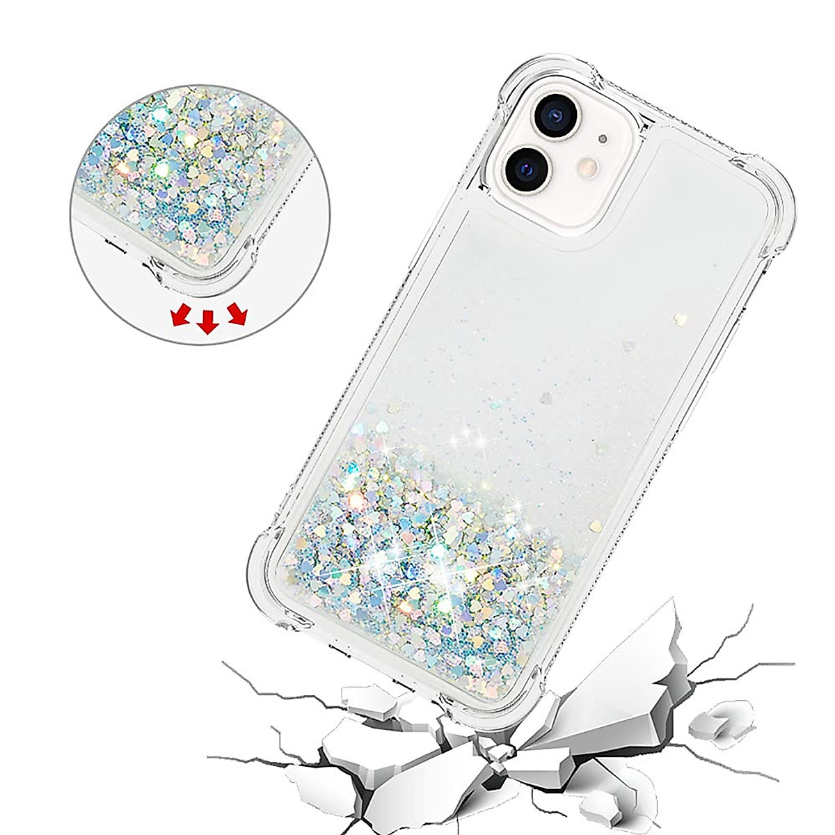 COTDINFOR Compatible with iPhone 12 Mini Case Glitter Liquid Cute Clear Phone Case Floating Quicksand Shockproof Protective Bumper Silicone Soft TPU Case for iPhone 12 Mini 5.4 Inch Love Sliver YB