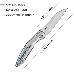 Kubey Barracuda KU299 Pocket Folding Knife, Front Flipper Titanium Folder with 3.38" Swedged Wharncliffe S30V Blade Ideal for EDC Outdoor Hunting and Camping (Gray)
