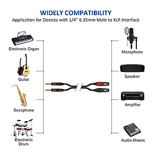 DREMAKE Dual 3-Pin XLR Female to Dual Male 6.35mm 1/4'' TS Mono Microphone Audio Patch Cable, 1.6FT XLR to 6.35mm TS Splitter Converter Cable, 2 x Quarter Inch to 2 x XLR Mic Adapter Cord for Mixer