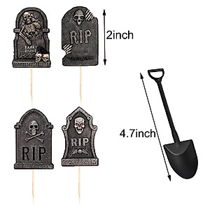 Halloween Cupcake Toppers Cake Decorations Tombstones Graveyard Cupcake Toppers with Novelty Mini Shovel Spoons for Halloween Party, Birthday Party Decoration Supplies 48 Pieces