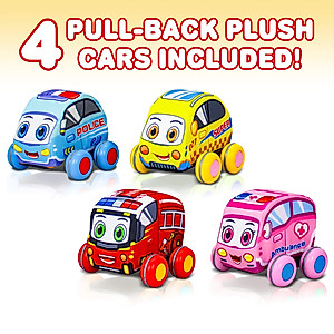ArtCreativity Pullback Plush Car Set, Set of 4, Soft-Sided Stuffed Cars with Pullback Mechanism, Cute and Colorful for Babies and Toddlers, Best Birthday Gift for Little Boys and Girls