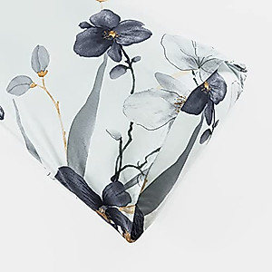 YuHeGuoJi Floral Duvet Cover Queen Size 100% Egyptian Cotton Light Blue Botanical Duvet Cover 3 Pcs Set 1 Garden Plant Branches Patterned Duvet Cover with Zipper Ties Grey Flower Bedding Set Soft