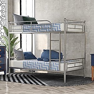 EMKK Metal Floor Bunk Bed, Twin Over Twin,Metal Bunk Bed, Twin Over Twin Size Beds with Sturdy Guard Rail & Removable Ladder,White