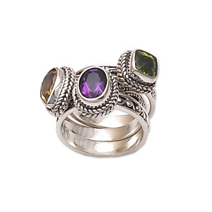 NOVICA Artisan Handmade .925 Sterling Silver Multigemstone Stacking Rings Amethyst Citrine Peridot Cocktail Indonesia Birthstone 'Perfect Prism' (set of 3)