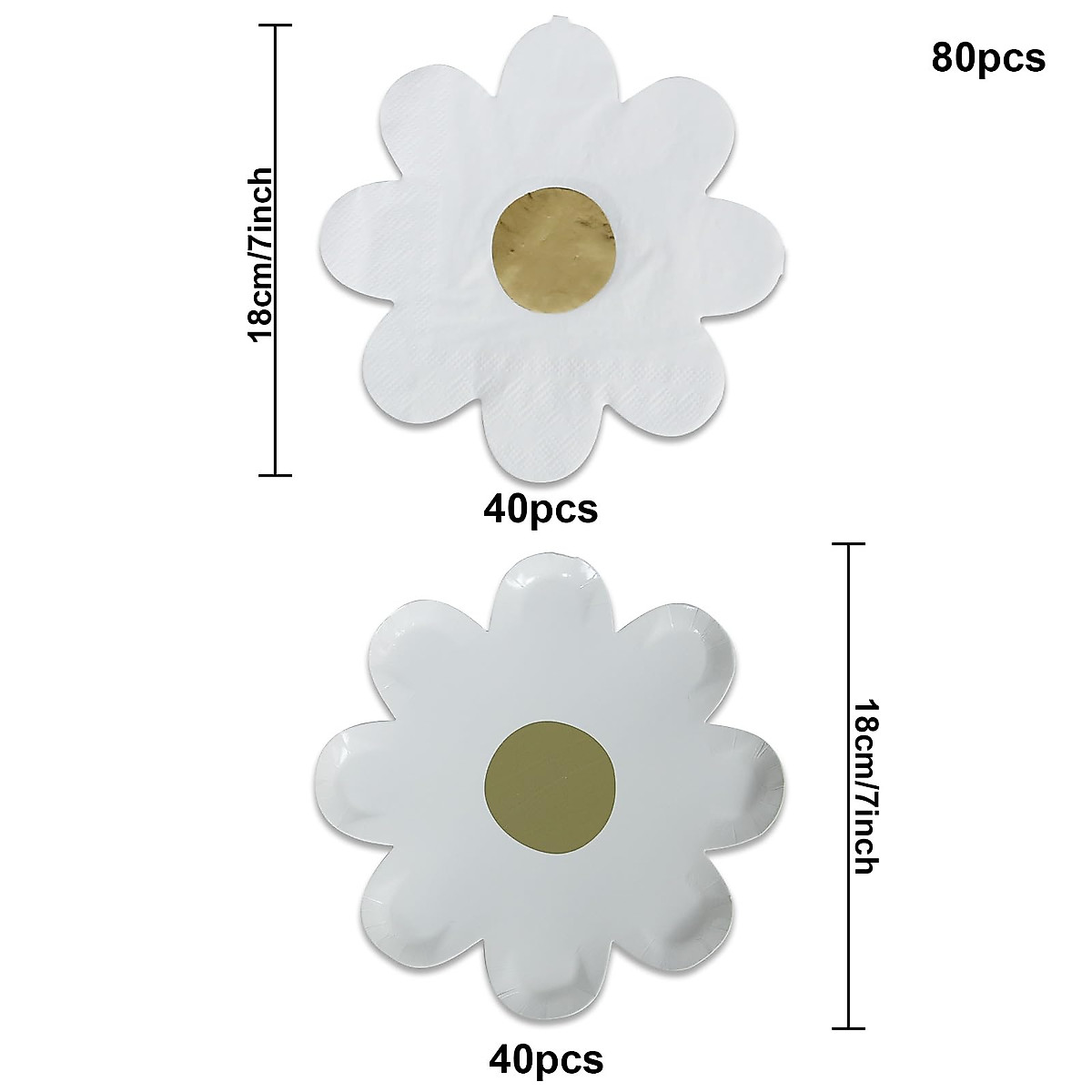 80Pcs Daisy Plates and Napkins, 7inch Paper Flower Shape Gold Foil Dishware Set Disposable Dessert Tableware for Daisy Party Decorations Daisy Baby Shower