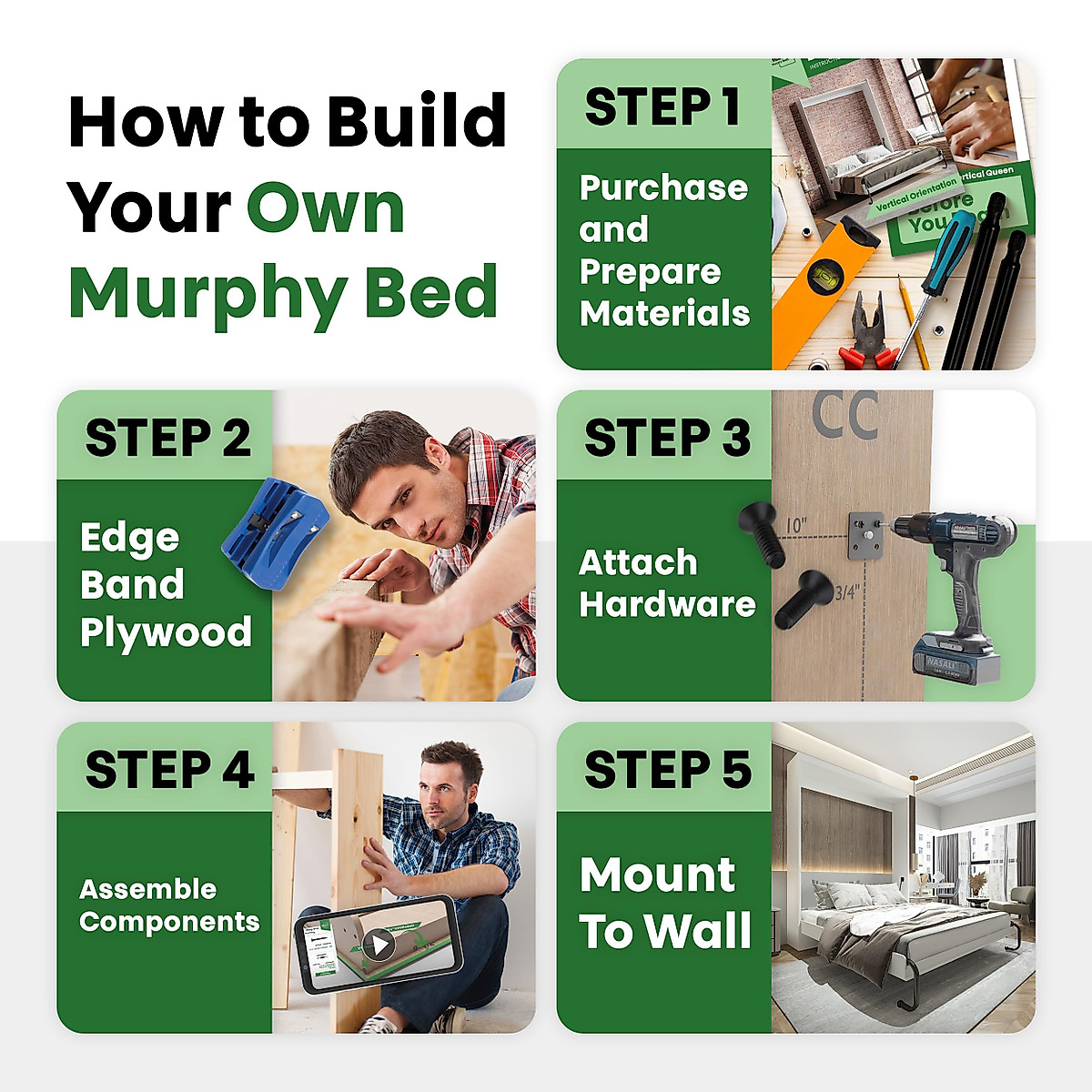 DIY Murphy Bed Kit Queen | Murphy Bed Hardware Kit Queen for Wall Bed, Cabinet Murphy Bed Queen Kit Vertical, Vertical Murphy Bed Queen Frame, Deluxe Murphy Bed Mechanism Kit with Bonus Tools