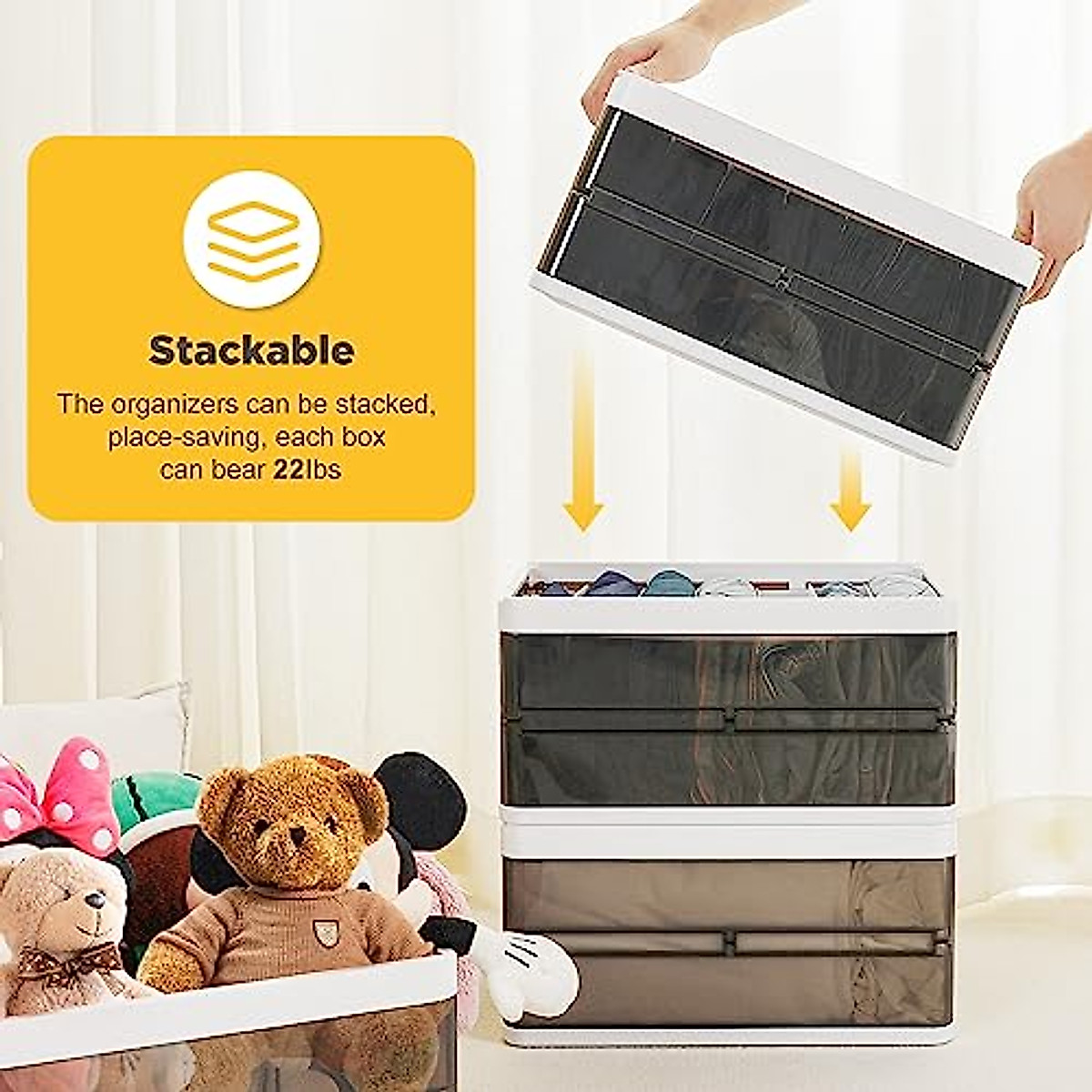 Homde Wardrobe Clothes Organizer for Jeans, 2 Pack 7 Grids Stackable Foldable Closet Drawer Organizer Storage Box Bin for Sweater, Bra, Underwear, T-shirts, Socks, with Cover and Handle, Plastic