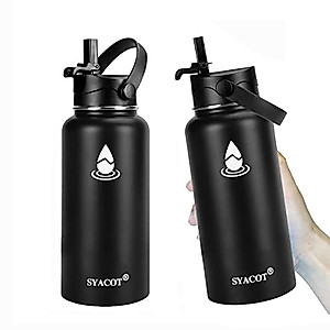 SYACOT 32 oz 40 oz 64 oz Stainless Steel Water Bottle, Insulated Double Wall Vacuum Leak Proof Water Flask, Metal Thermo Canteen Mug —Wide Mouth with 2 Straw Lids (32 oz, Magic Black)