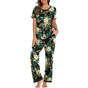 PrinStory Womens Pajama Sets 2025 Short Sleeve Pajama Sets for Women 2 Piece Lounge Set Ladies Soft Pjs FP-Green Leaf Lily-L