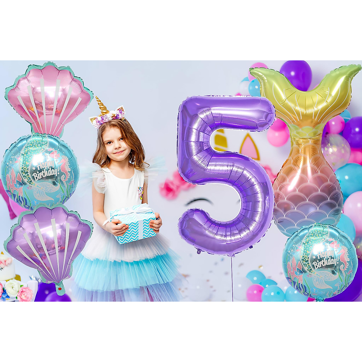Mermaid Birthday Party Decorations, Mermaid Birthday Party Supplies Included Mermaid Tail Seashell and 40 Inch Purple Number 5 Balloons, Girl's 5th Birthday Party and Baby Shower Favors