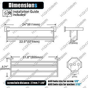 KOKOSIRI 24'' Bathroom Towel Shelf Chrome Towel Rack with Two Bath Towel Bars SUS304 Stainless Steel Wall Mounted, Polished Finish, B6003CH