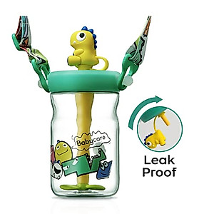 bc babycare Toddler Cups With Straw, No Spill sippy cups for 2 year old, Breakproof Tritan baby bottles with Silicone Soft Tip Straw and Adjustable Straps for Baby, BPA Free 500ml（Green Dinosaur）