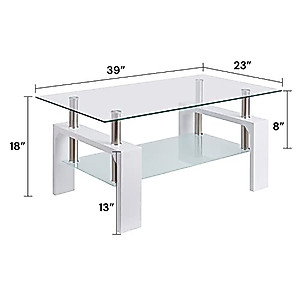 SunsGrove Coffee Table for Living Room, Modern Console Table with Storage, Clear Tempered Glass Tea Table, Rectangle Coffee Table, End Tables for Entrance, Apartment Furniture, Office, White